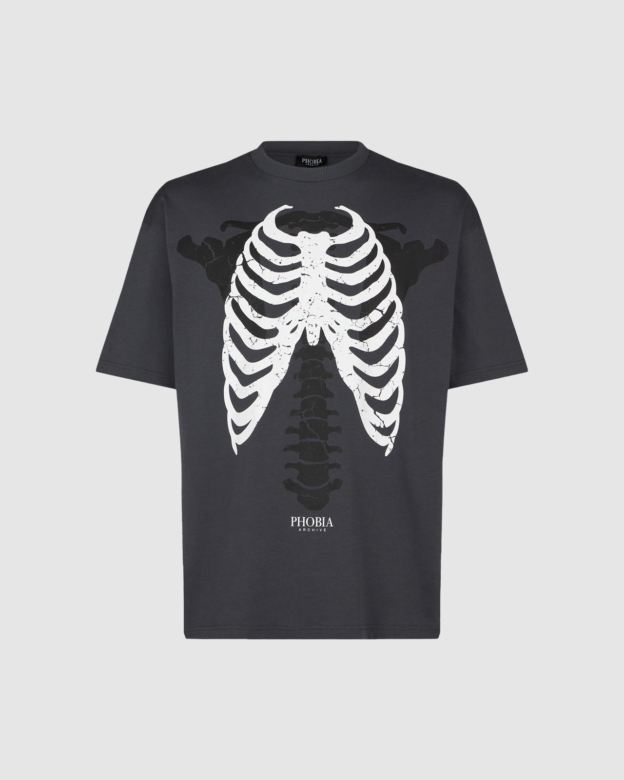 PHOBIA GREY T-SHIRT WITH BLACK BONES PRINT